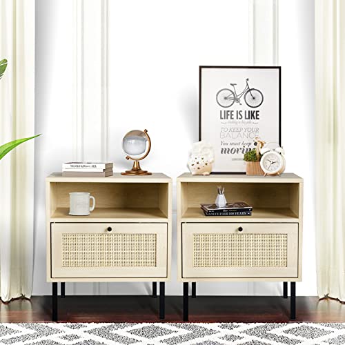 Lamerge Rattan Nightstand Set of 2 Wooden End Table Modern Side Tabl Hooseng Furniture