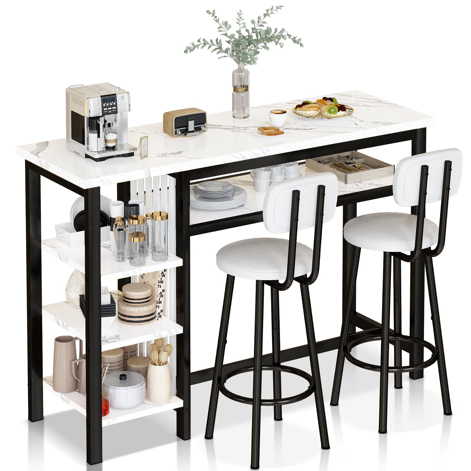 3 Pieces White Faux Marble Top Dining Set