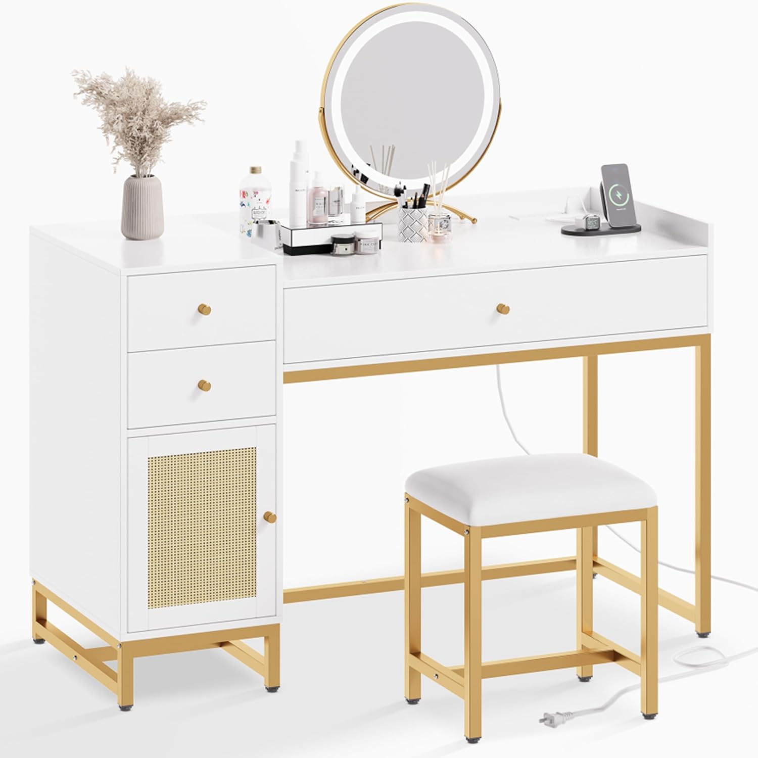 Lamerge Makeup Vanity Desk with Stool, Rattan Makeup Table Vanity Tabl ...