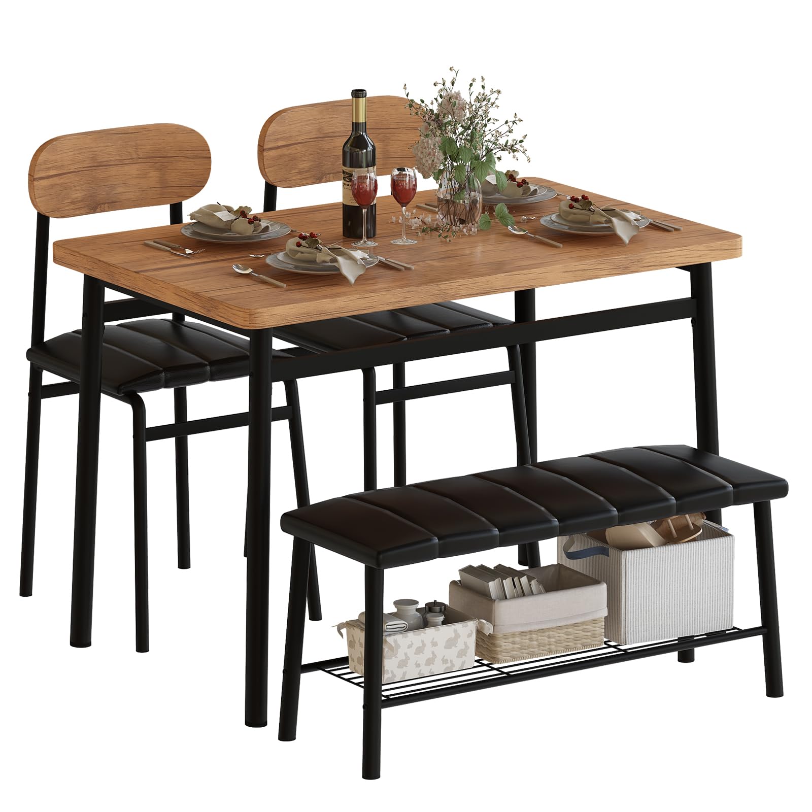 Hooseng Dining Table Set for 4 with Bench and 2 Upholstered Chairs, 4 ...