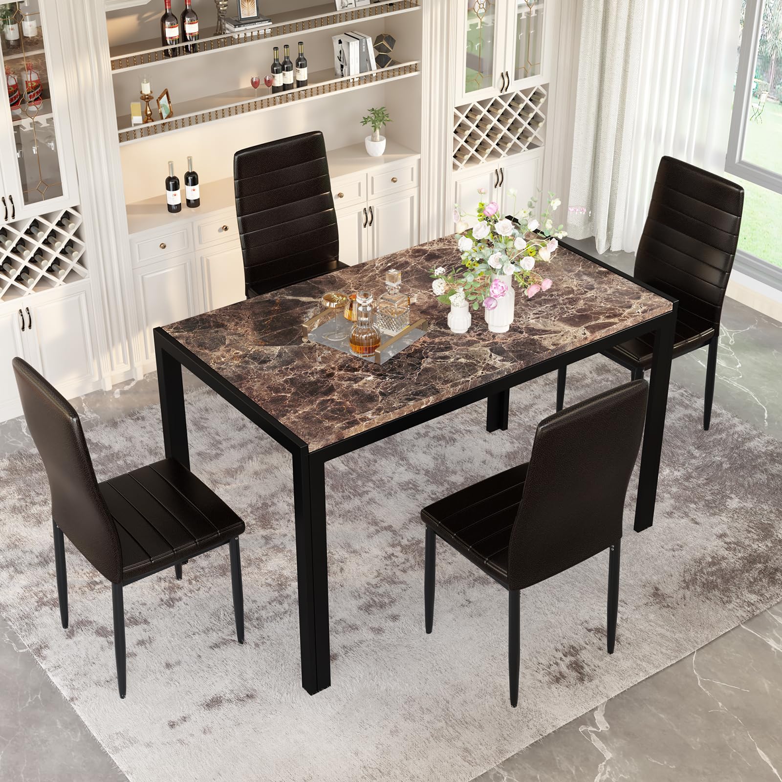 Hooseng 7 Piece Dining Table Set with Faux Marble Table top with 6 PU Leather Chairs
