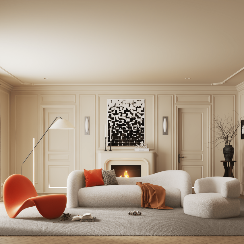 White Boucle Curved Sofa with Double Chairs | Ghita by Hooseng ...